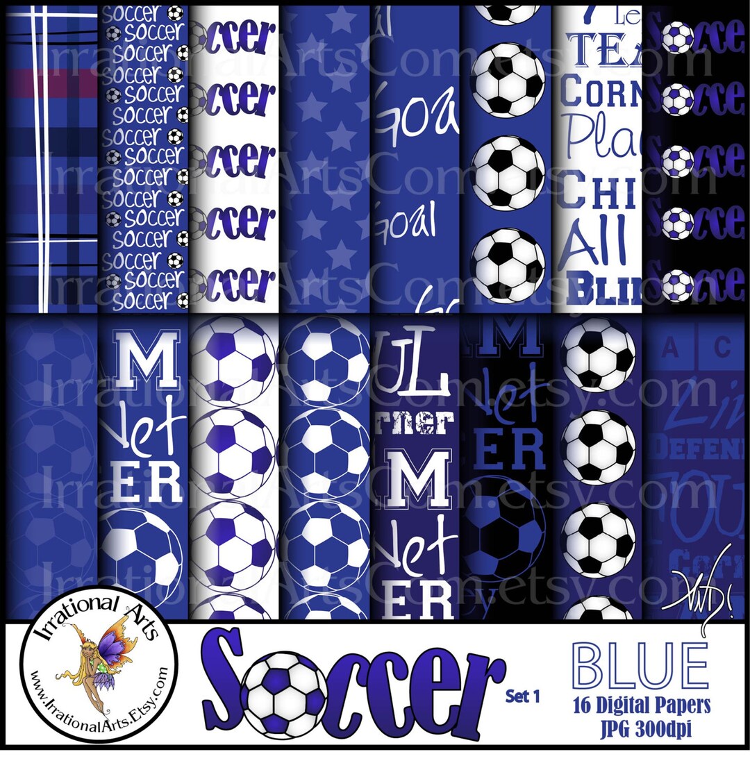 Soccer Digital Paper Set 1 BLUE With 16 JPG Files Soccer Balls and ...