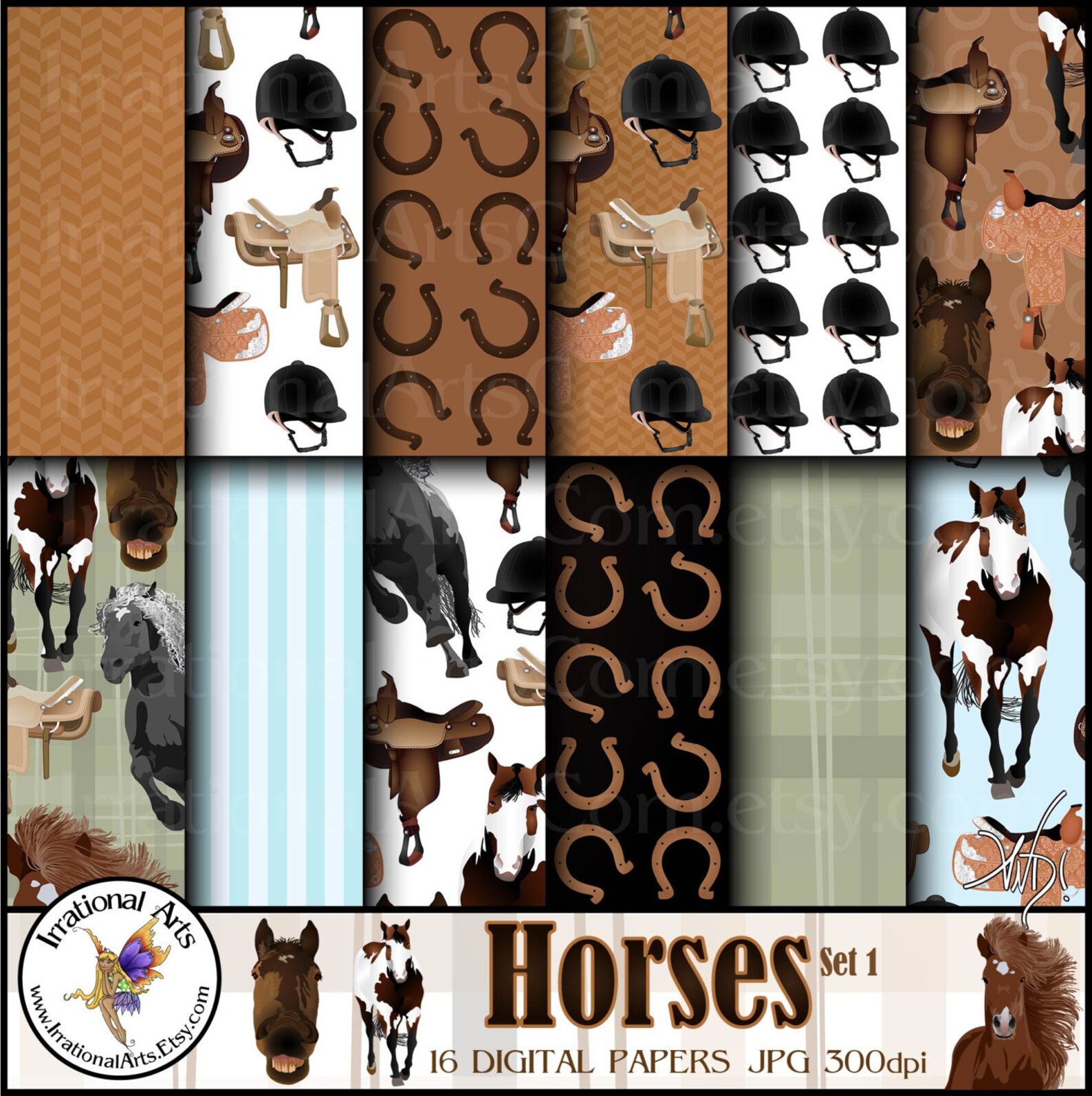 Horses Set 1 Digital Papers Patterned With Horses Saddles - Etsy