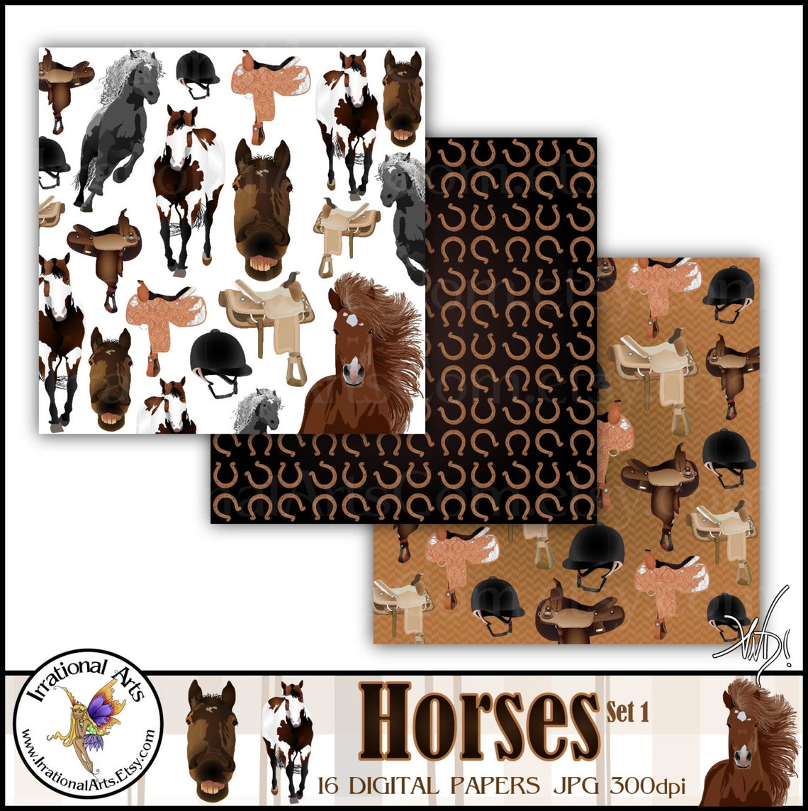Horses Set 1 Digital Papers Patterned With Horses Saddles - Etsy