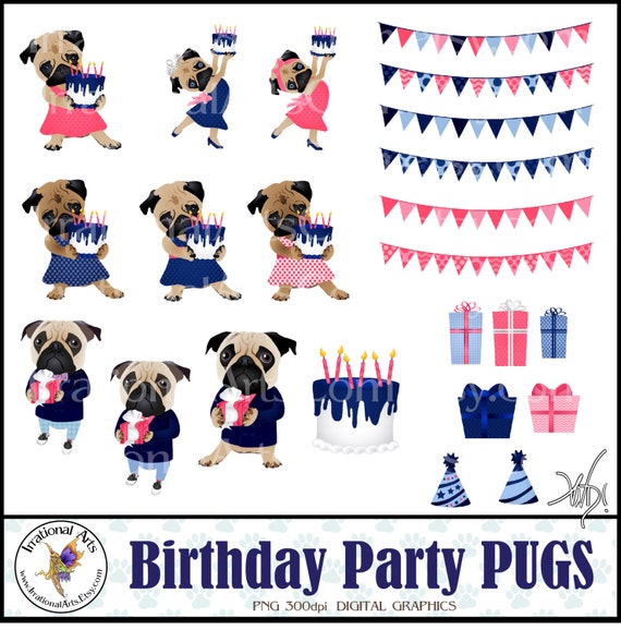 Items similar to Birthday Party Pug Dog Graphics Navy and Coral with ...