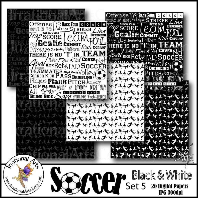 INSTANT DOWNLOAD Soccer Set 5 Black & White Digital Paper 20 Jpg Files ...