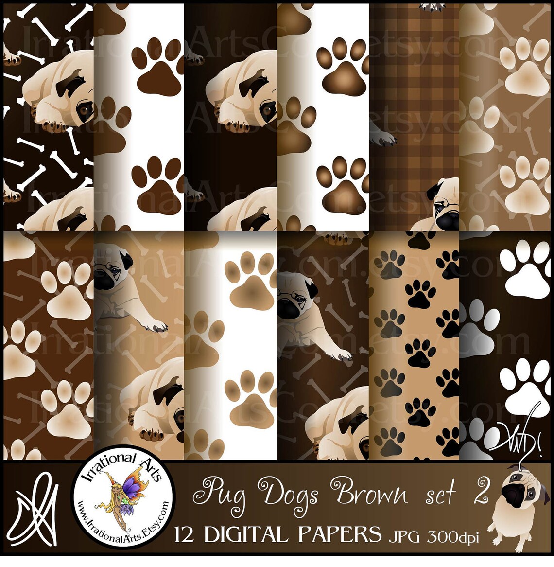 Pug Dog Browns Set 2 - With 12 Digital Papers JPG - Pug Dogs, Paw ...