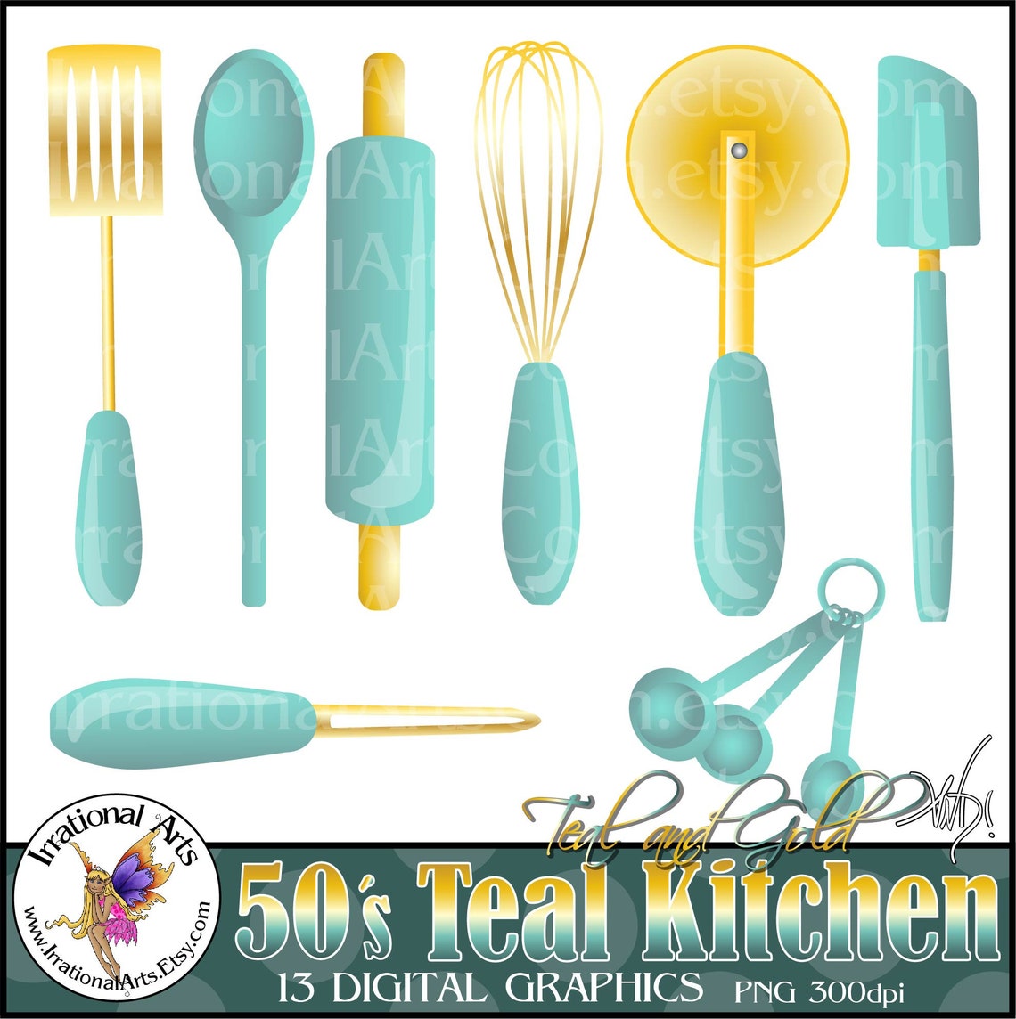 50's Teal and Gold Kitchen Kitsch With 13 PNG Digital - Etsy