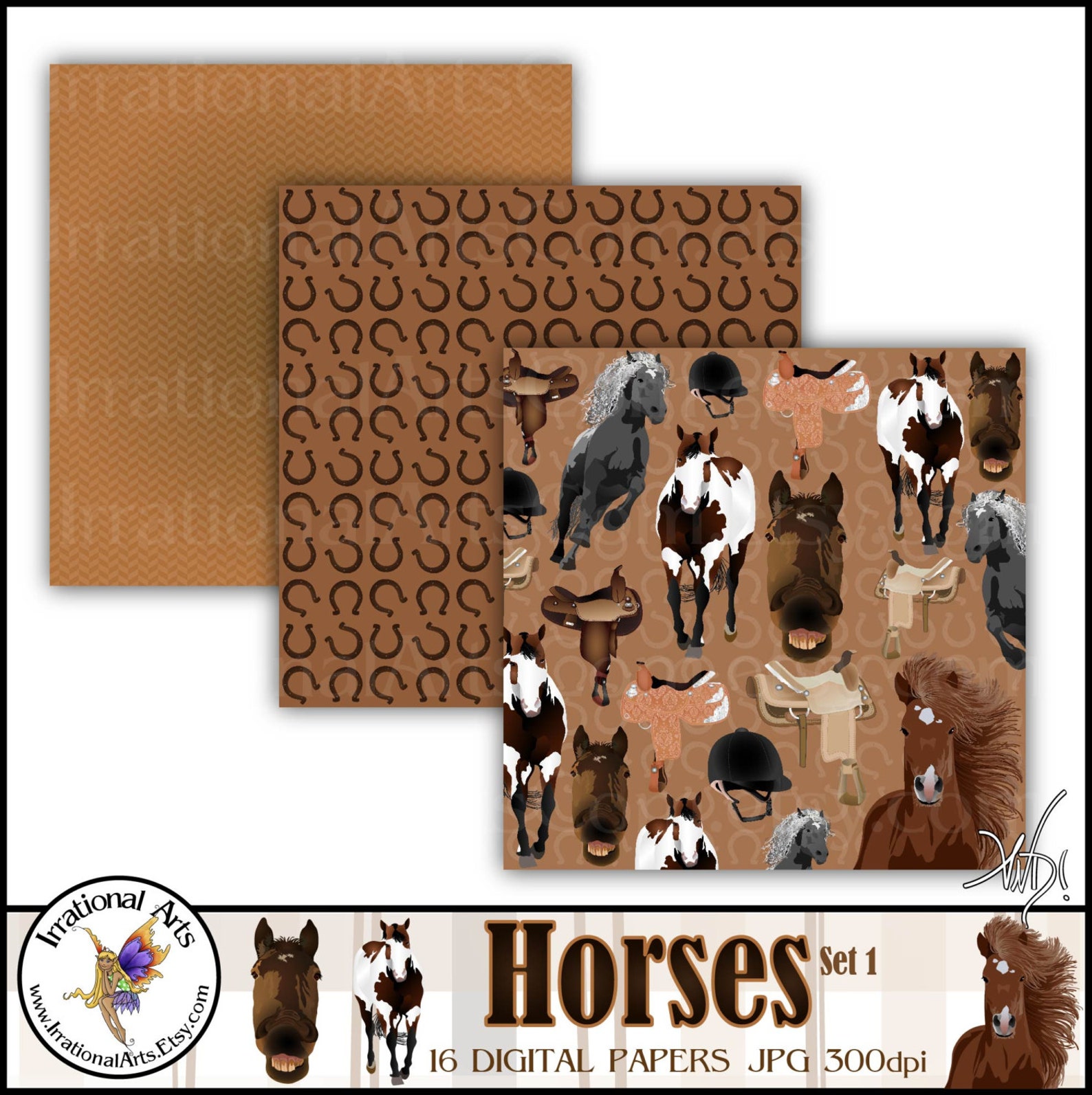 Horses Set 1 Digital Papers Patterned With Horses Saddles - Etsy