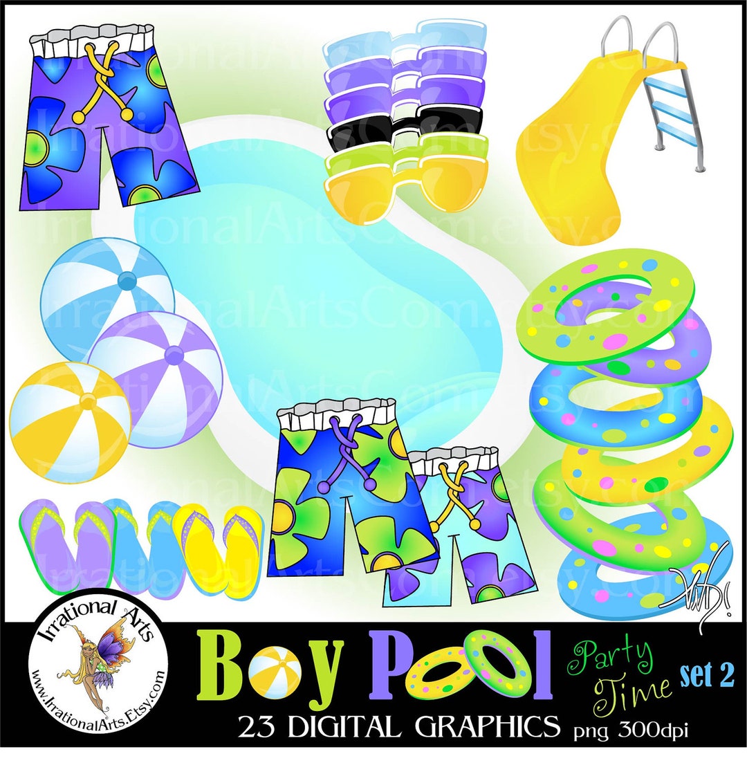 BOY Pool Party Time Set 2 INSTANT DOWNLOAD 23 Digital Clipart Graphics ...