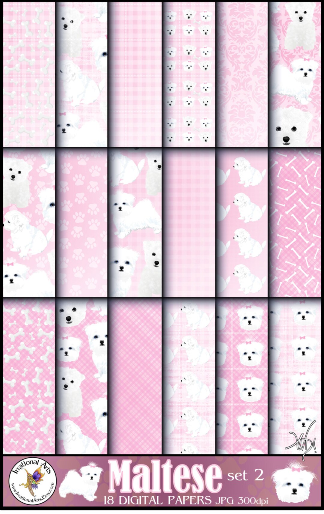 Maltese Doggies Set 2 18 Pink Digital Papers With Maltese Dogs & Dog ...