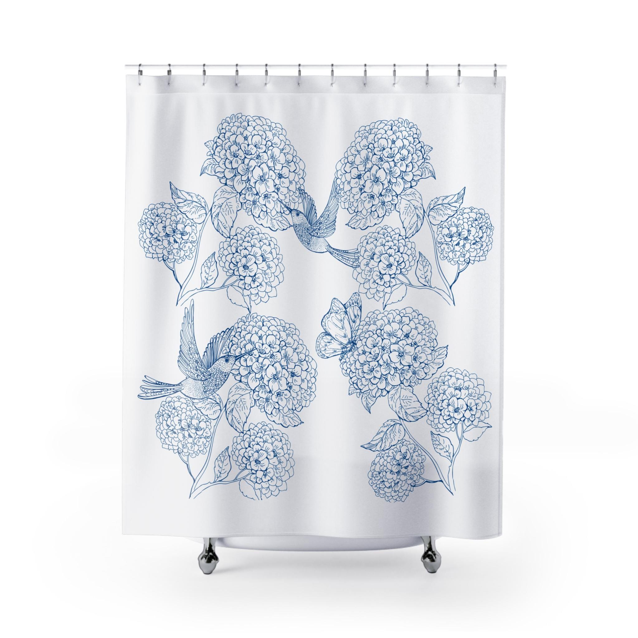 Hydrangea Birds Butterflies Shower Curtain, Blue White Floral Bathroom ...