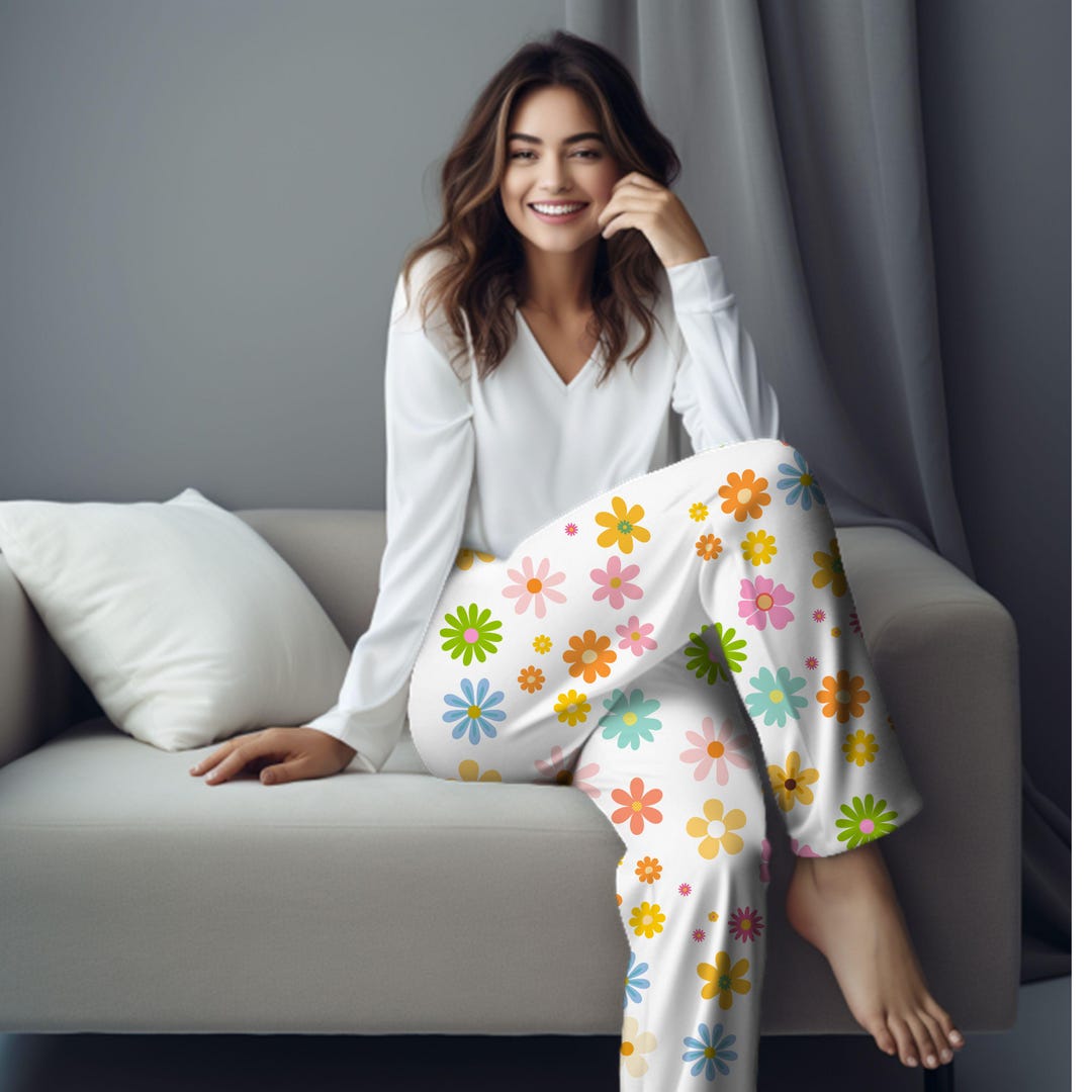Boho Pastel Flowers Women's Pajama Pants, Wildflower Floral Lounge Wear ...