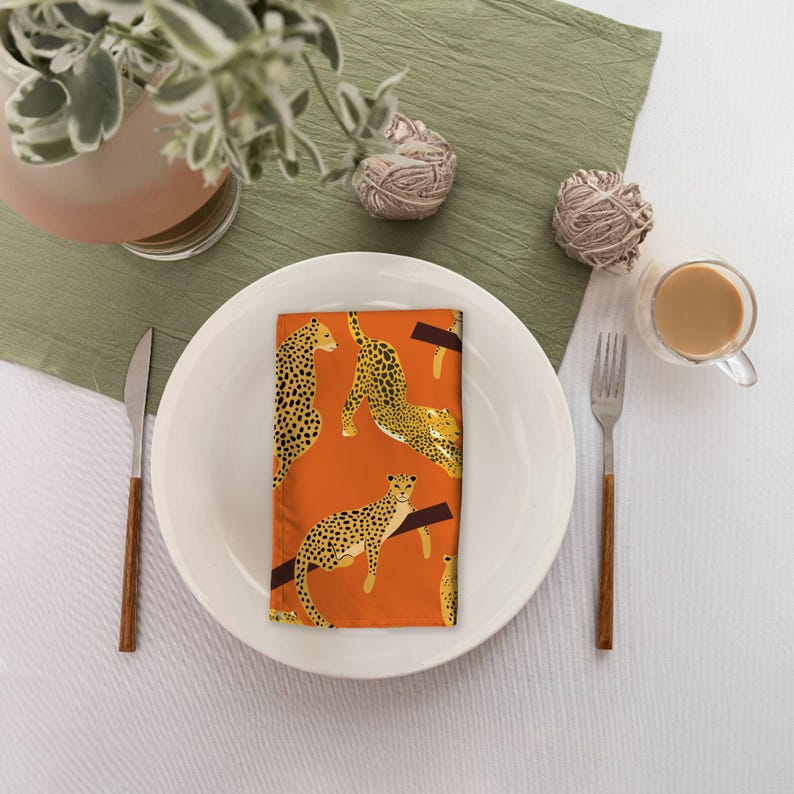 Leopard Print Napkins, Set of 4 - Orange Background, Jungle Animals ...