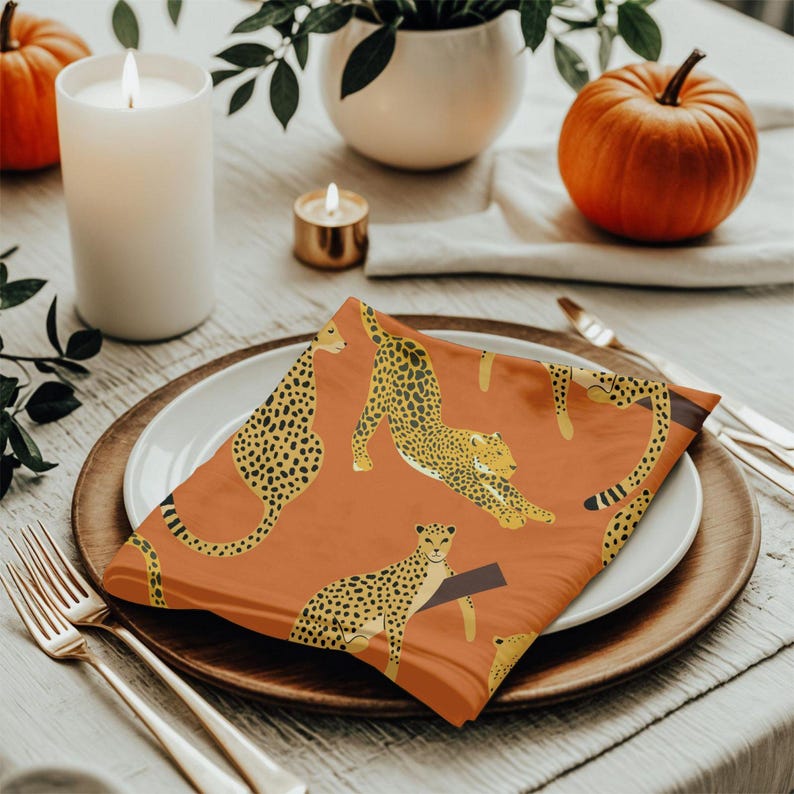 Leopard Print Napkins, Set of 4 - Orange Background, Jungle Animals ...