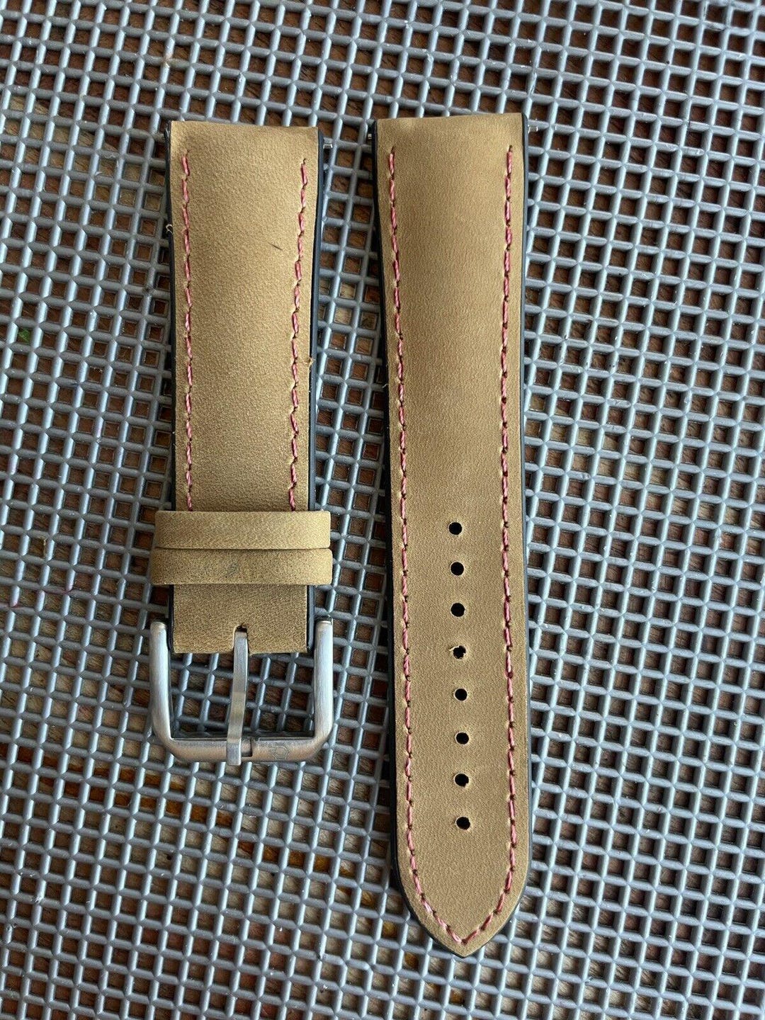22mm Waterproof Tan Top Grain Leather Watch Strap Rubber Bottom Red ...