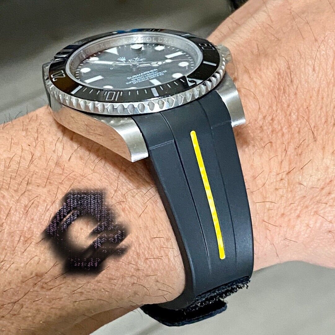 20mm Black Vulcanized Rubber Strap Yellow Stripe Rolex Watches Hook ...