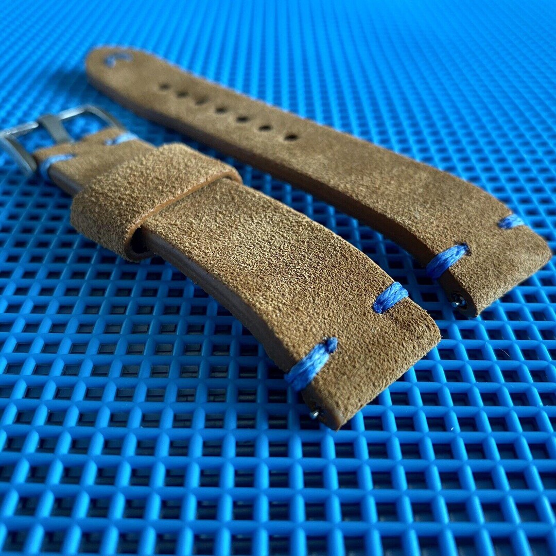 20mm Thick Light Brown Suede Leather Watch Strap Band Light Blue Stitch ...