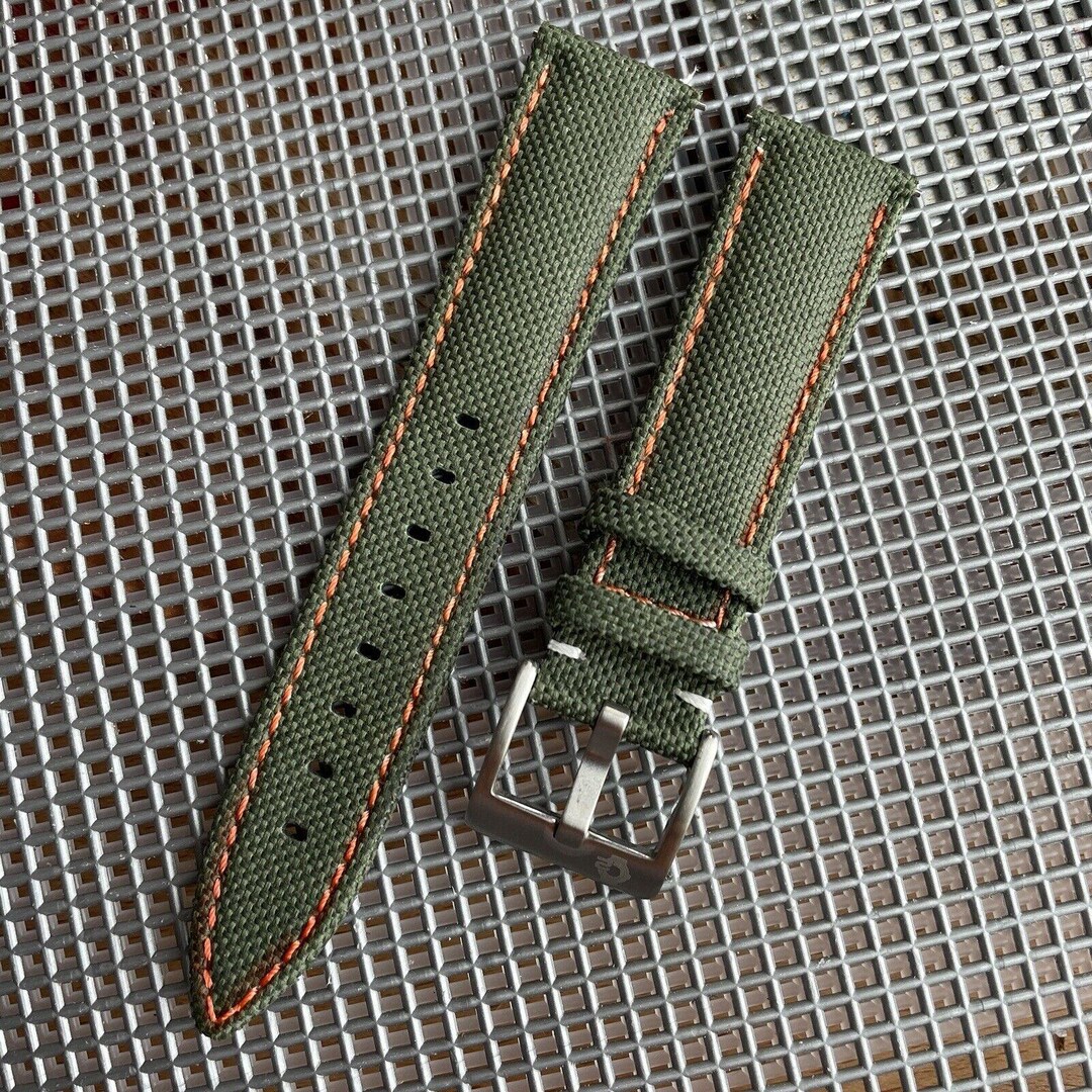 20mm Green Sailcloth Double Sided Watch Band Strap Orange Stitch Aged ...