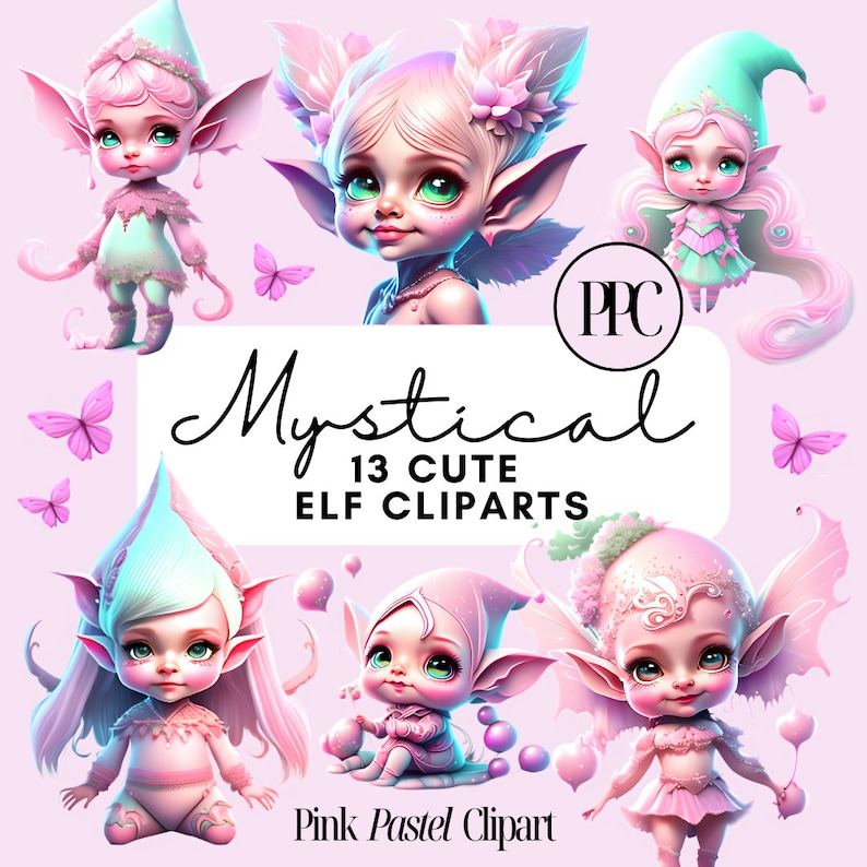 Pink Pastel Clipart Mystical Cute Elf Bundle, Cute Mystical Clipart ...