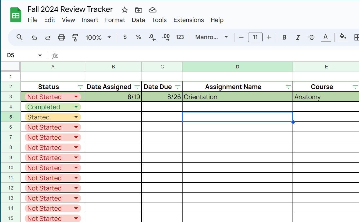 Assignment and Lecture Tracker Template - Excel and Google Sheets - Etsy