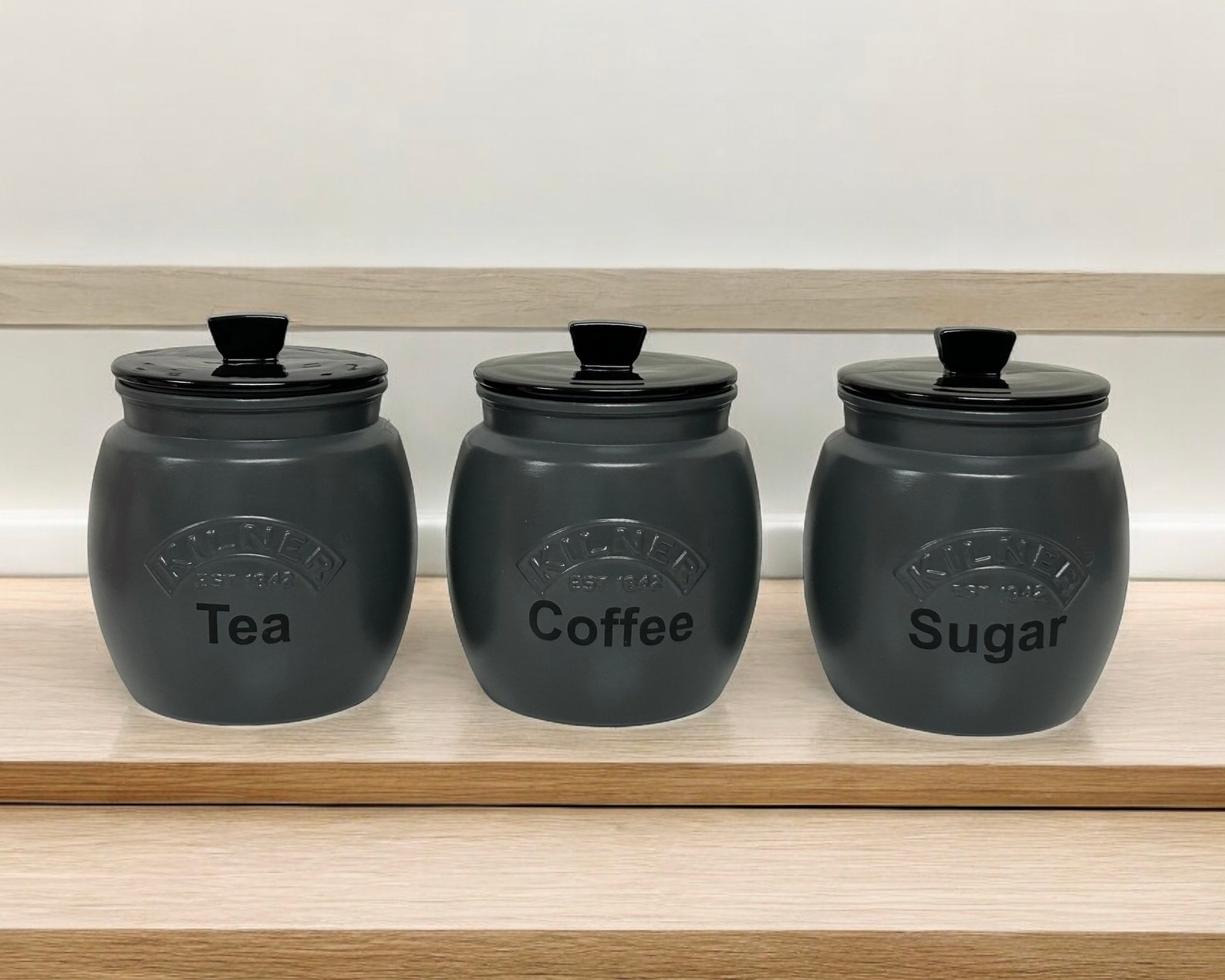 Dark Grey Tea Coffee Sugar Canisters Kitchen Pantry Kitchen Storage ...