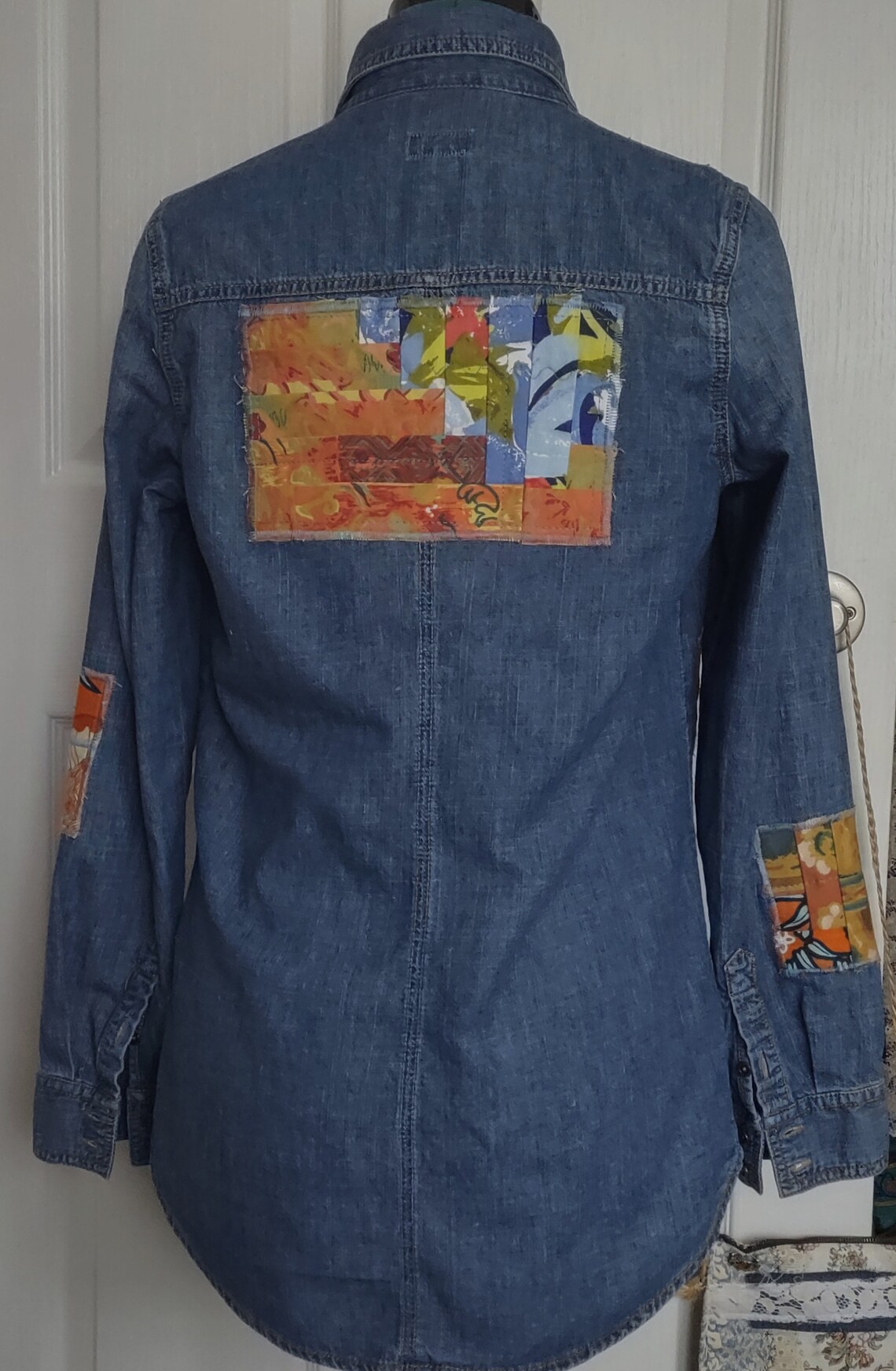 Upcycled Refashioned Denim Shirt Patchwork Boho Size M Slim Shabby Chic ...