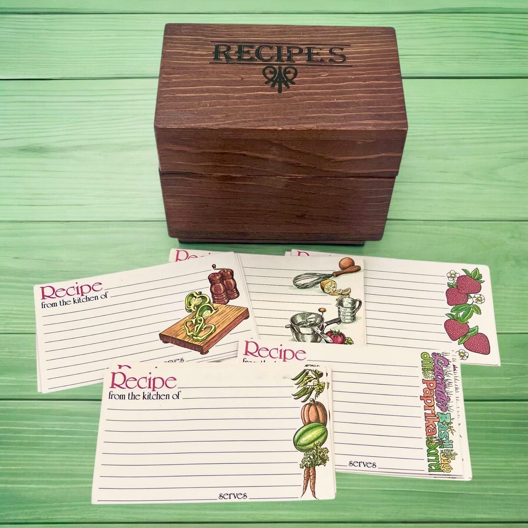 Vintage Wood Recipe Box & 24 Recipe Cards/farmhouse Recipe Holder ...