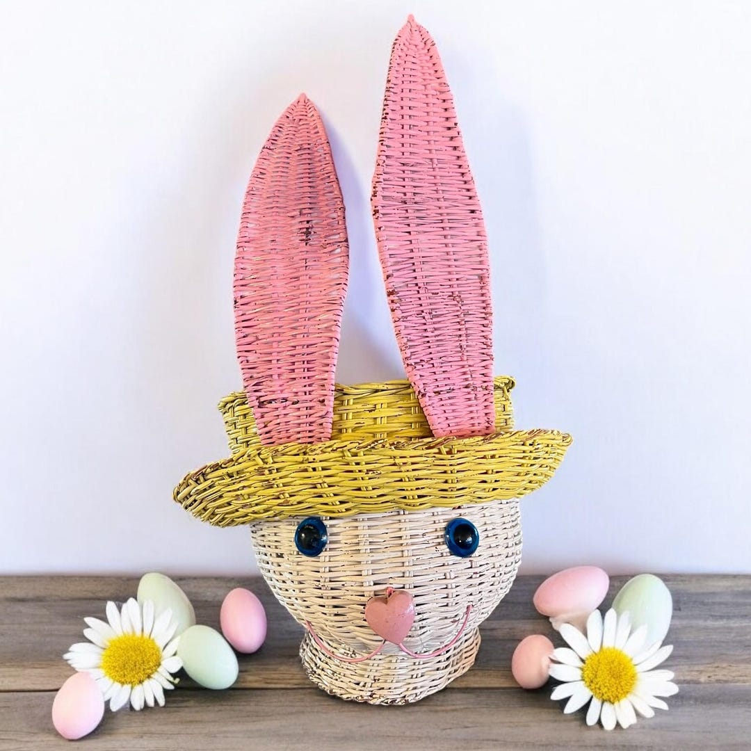 Vintage Wicker Easter Bunny Rabbit Head Basket Vintage Easter Decor ...