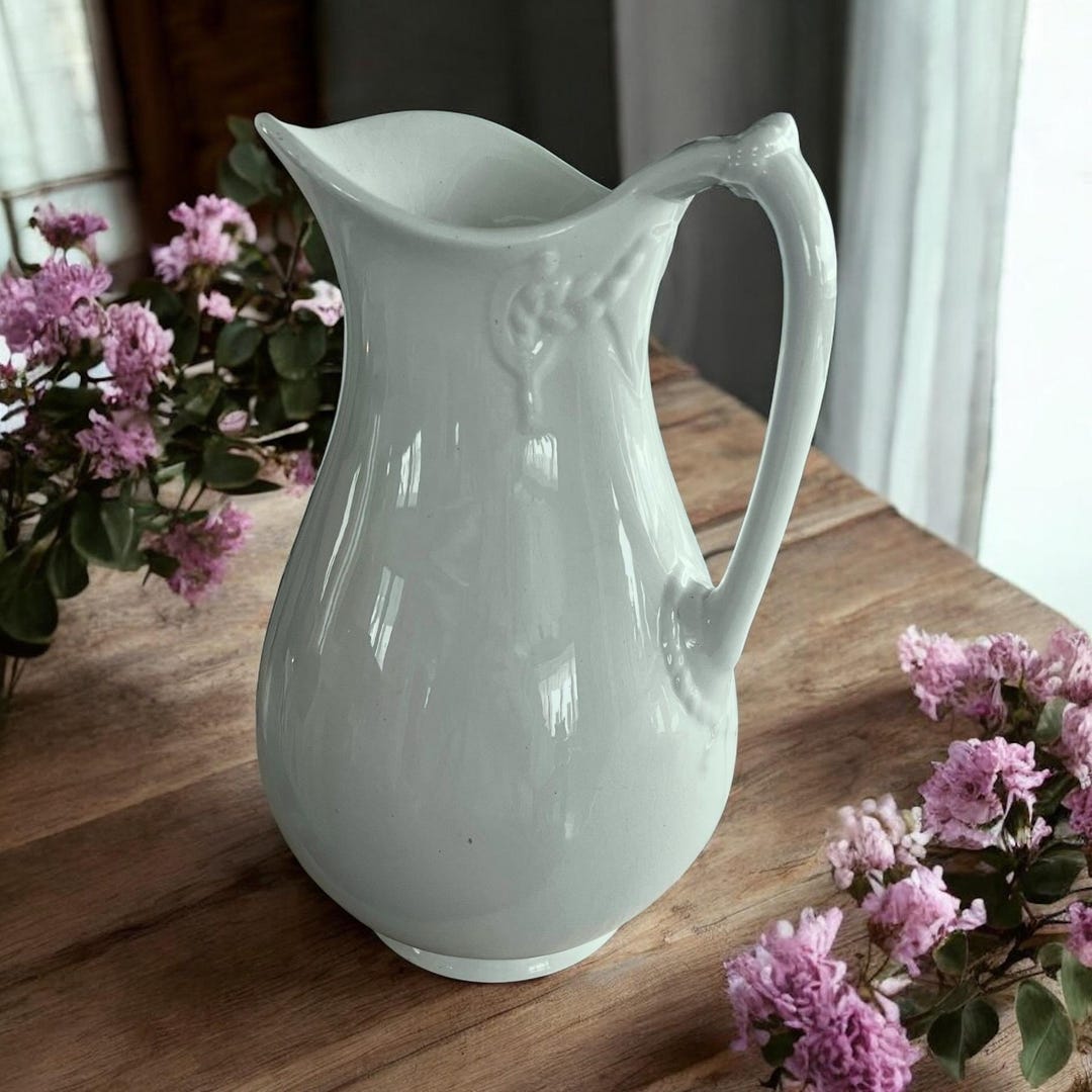 Antique White Ironstone Pitcher ANTHONY SHAW Unique Embossed Rope ...