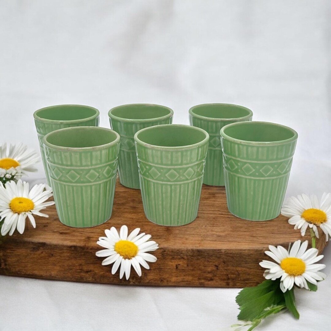 Vintage Green Yellowware Yellow Ware Cups Mugs/ Made in Japan/stoneware ...