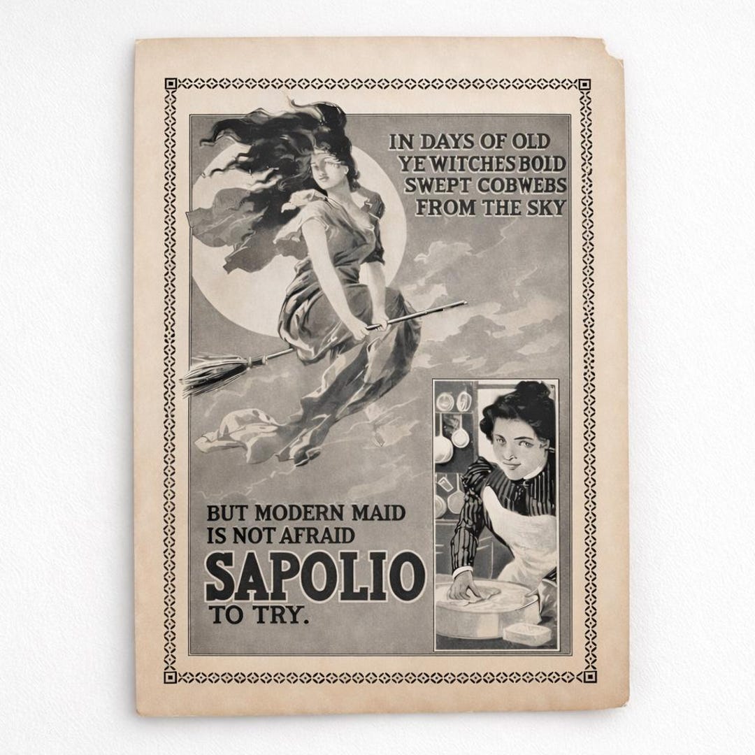 Antique Witch Advertisement Print C. 1900s | Sapolio Victorian Magazine ...