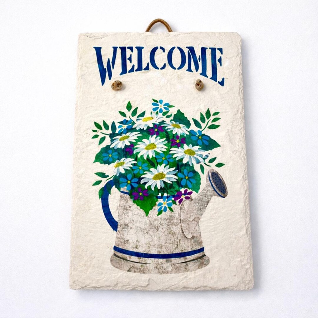 Hand Painted Slate Welcome Sign | Floral Watering Can Porch Decor ...