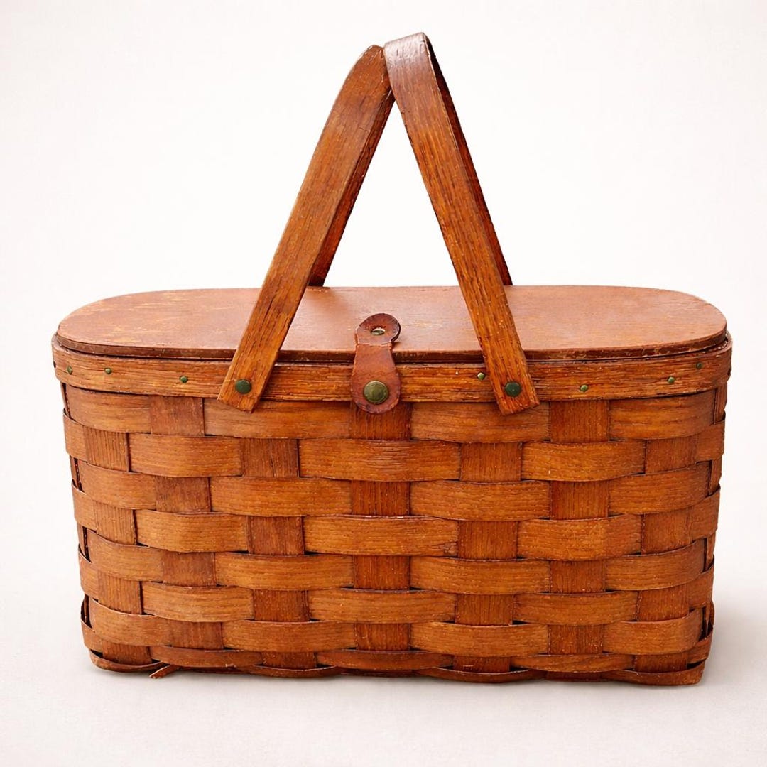 Vintage Shelton Basket Oval Wooden Picnic Basket With Hinged Lid ...
