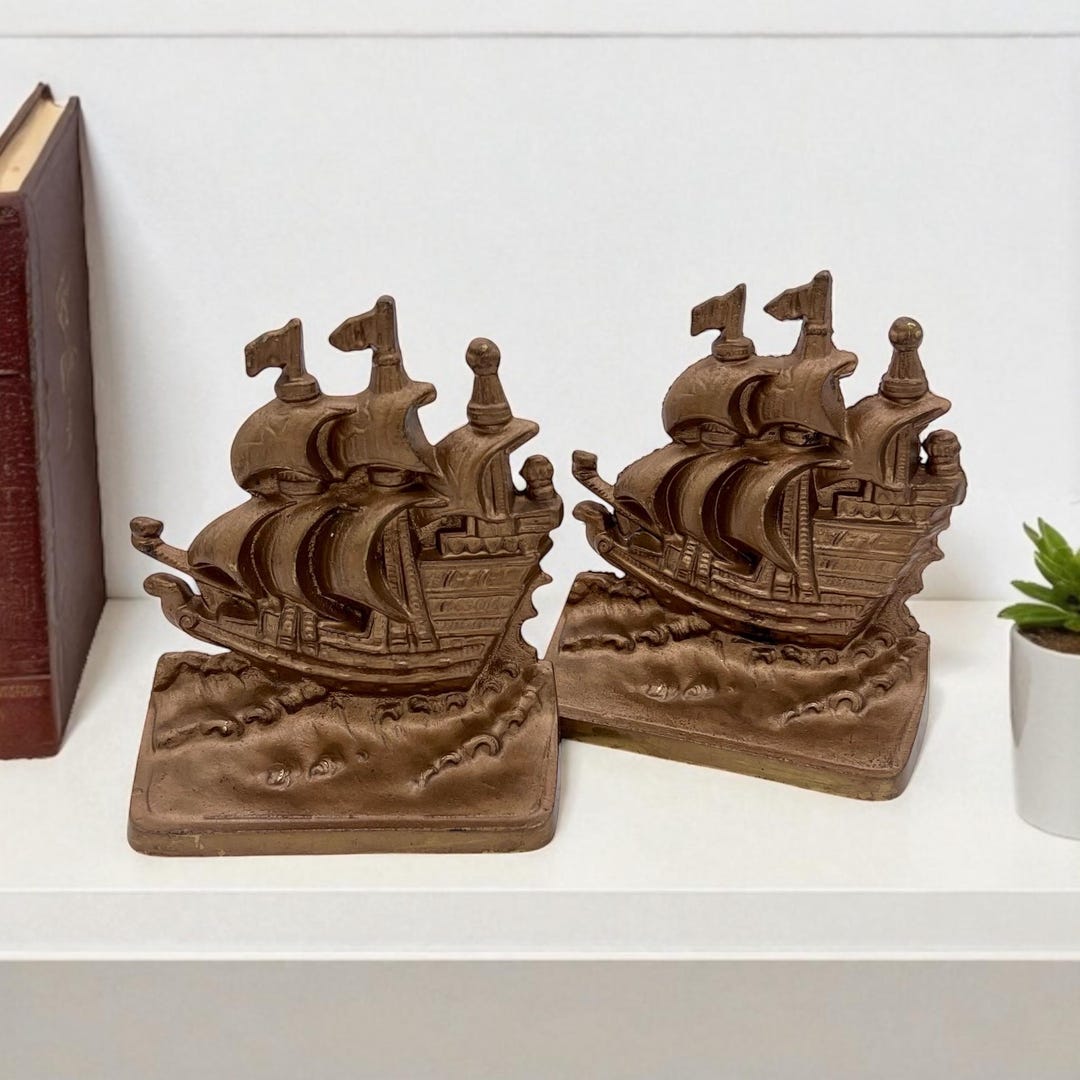Cast Iron Gold Sailing Ship Bookends/set of 2/nautical Office Decor ...