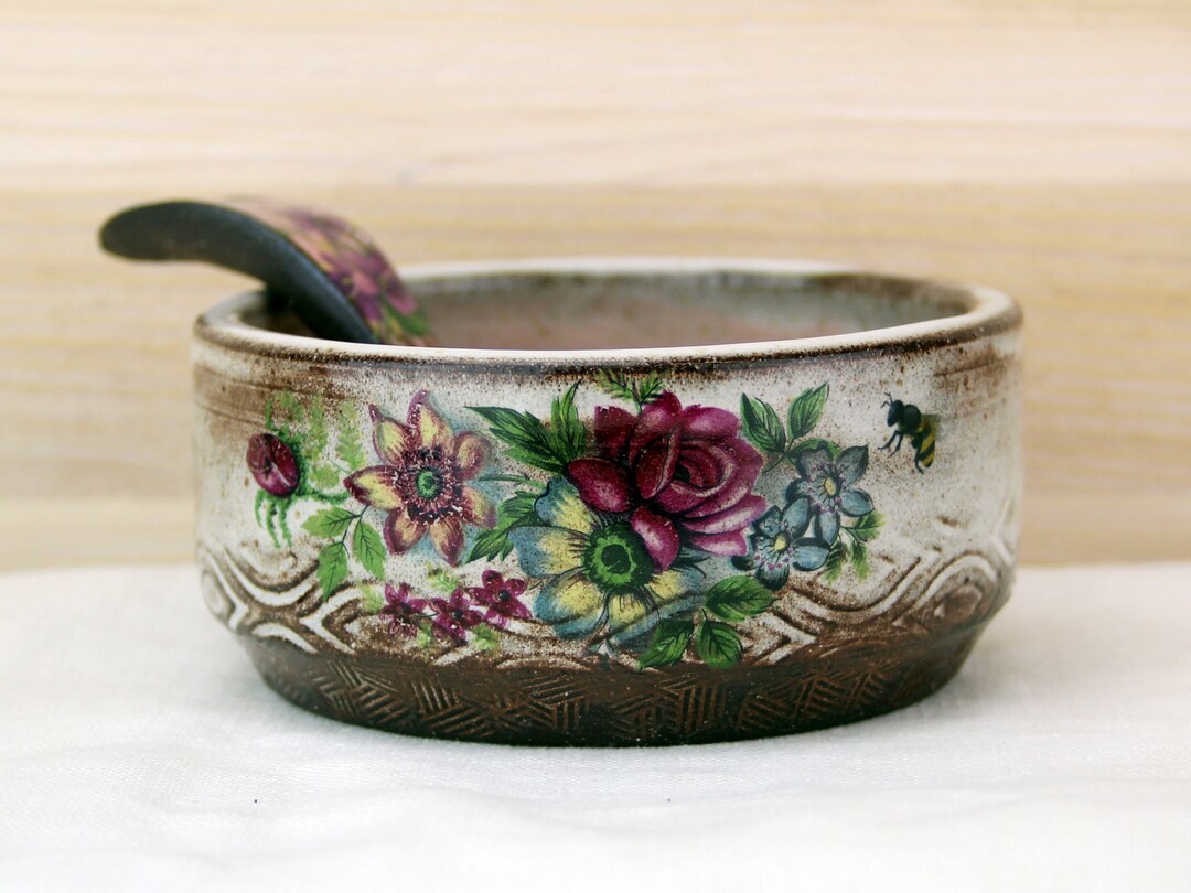 Handmade Pottery Tiny Salt Cellar and Spoon Vintage Flowers - Etsy