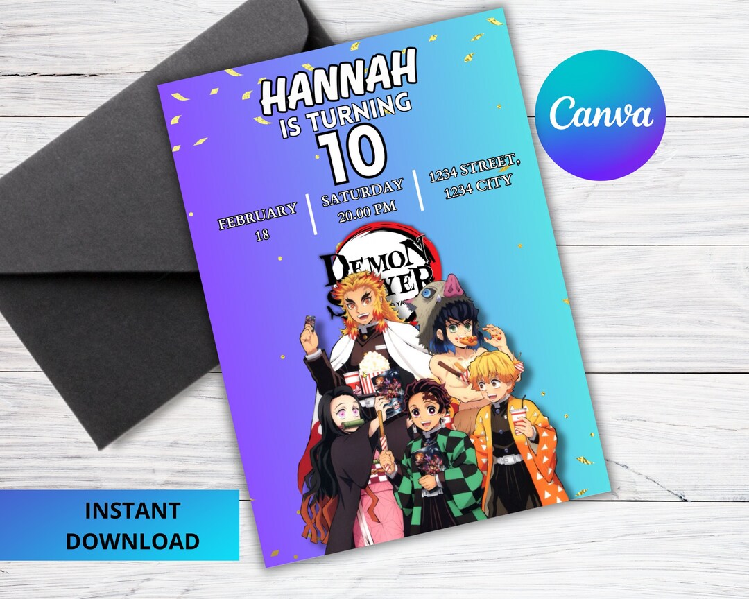 Demon Slayer Digital Birthday Invitation, Editable in Canva, Anime Fans ...