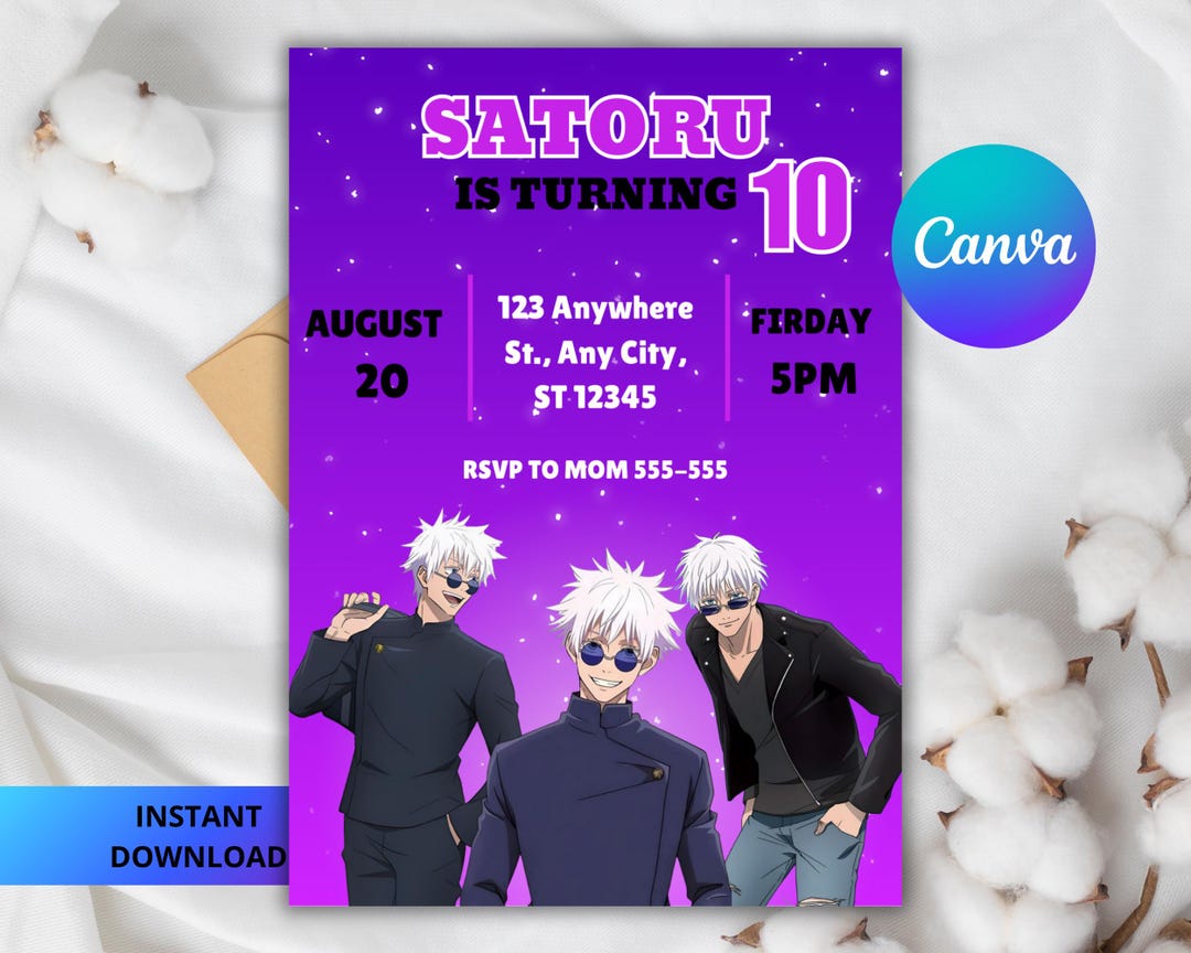 Gojo Satoru Jujutsu Kaisen Birthday Party Invitation, Editable in Canva ...