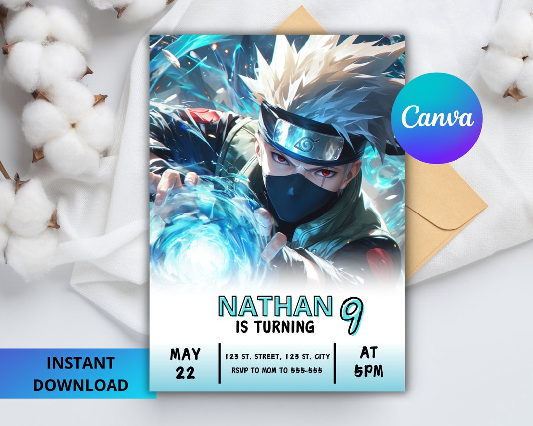 Kakashi Naruto Anime Birthday Invitation, Editable Canva Template ...