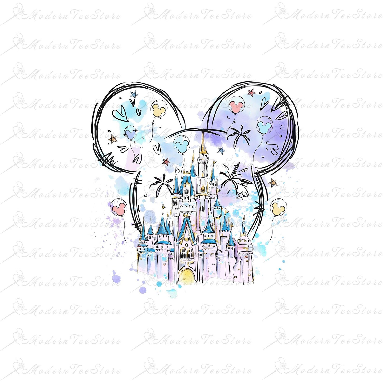 Bundle Mouse Ear Castle Png, Watercolor Castle Png, Retro Colorful ...
