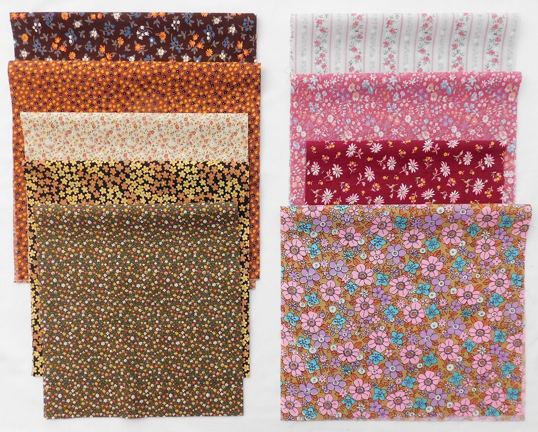 Vintage Calico Fabric Large Scraps 9 Pcs 1960s/70s Pink Brown 18 Long X ...
