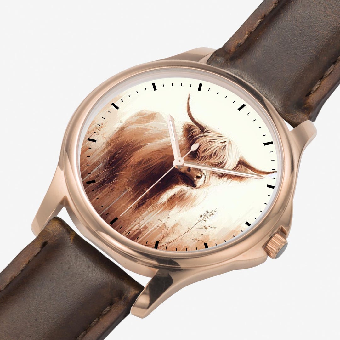 Ladies Watch With Leather Strap and Highland Cow Design Rose Gold ...