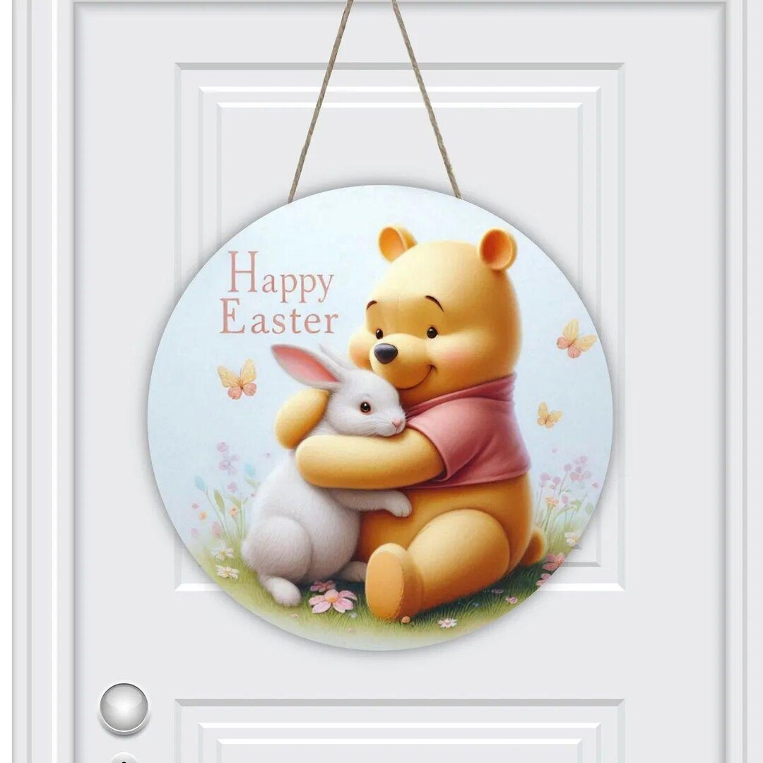 Winnie the Pooh Door Sign Easter, Round Pooh Bear Wooden Sign, Happy ...