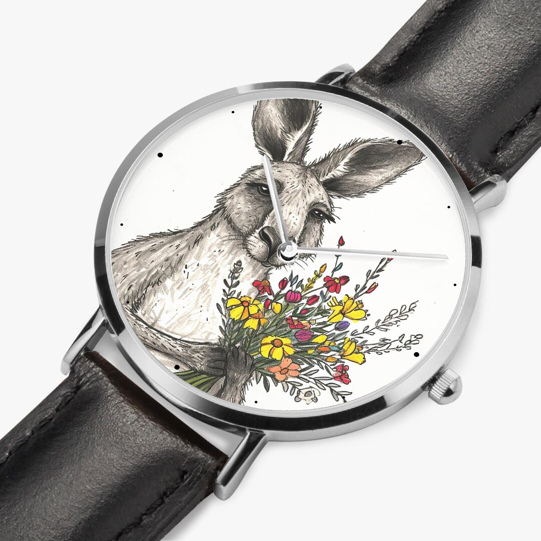 Women's Watch With Kangaroo, Leather Wristwatch With Flower Motif ...