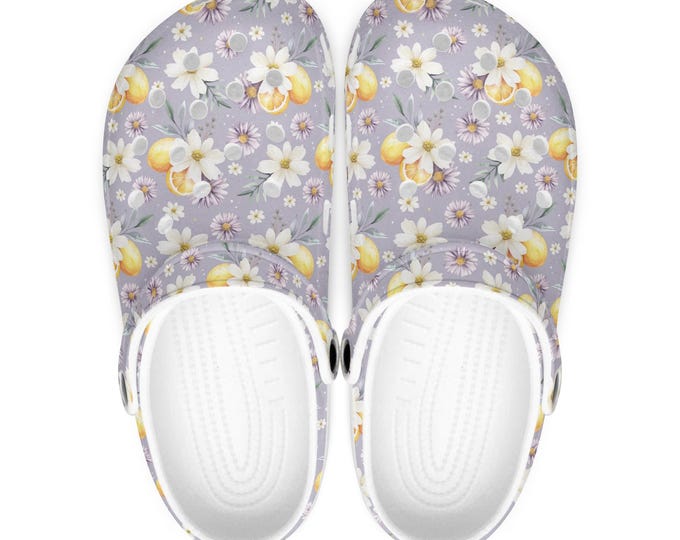 Purple Ladies Rubber Clogs Lemon, Lemon Fruit Motif Shoes, Mules With ...