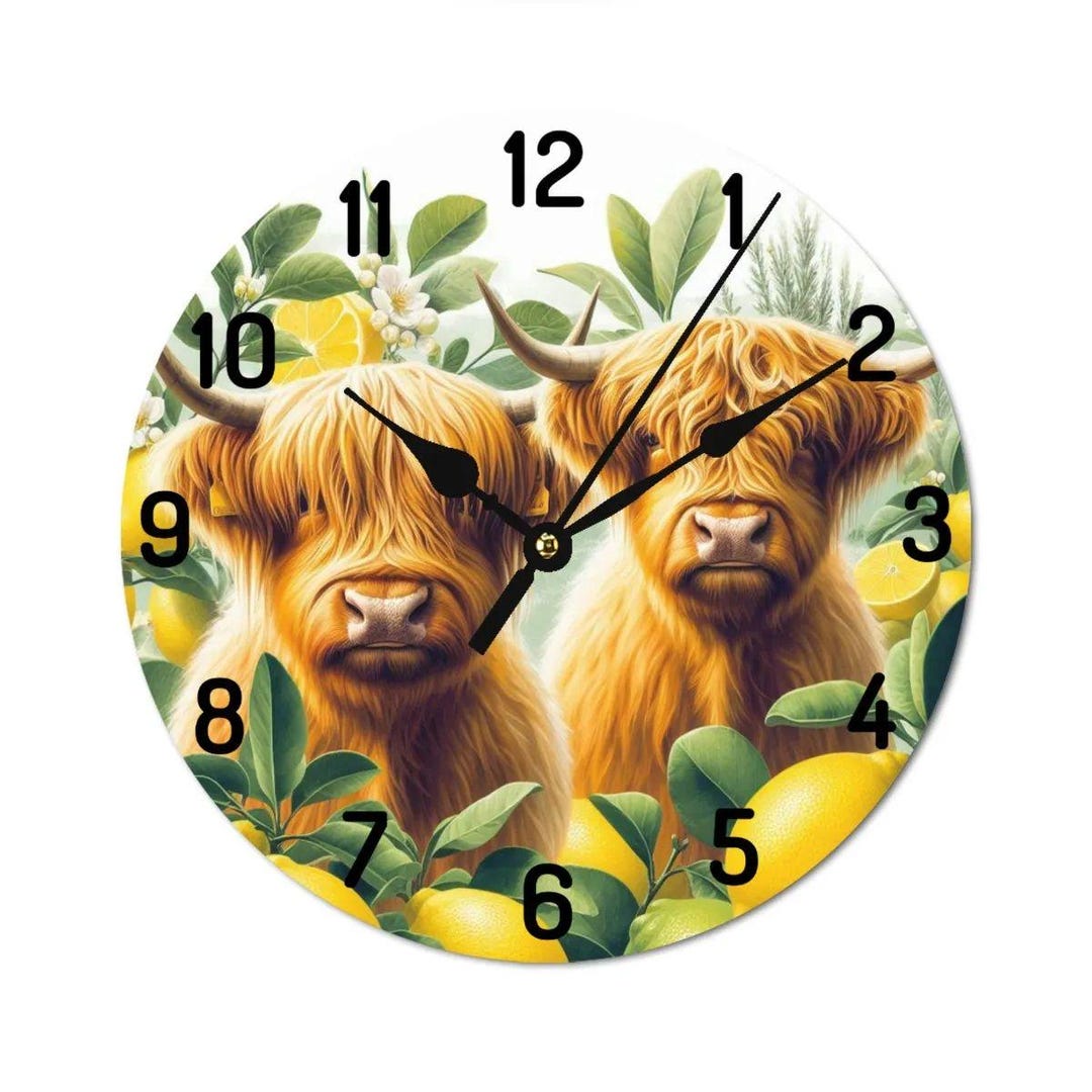 Rustic Wooden Kitchen Wall Clock With Highland Cow and Lemon Motif ...
