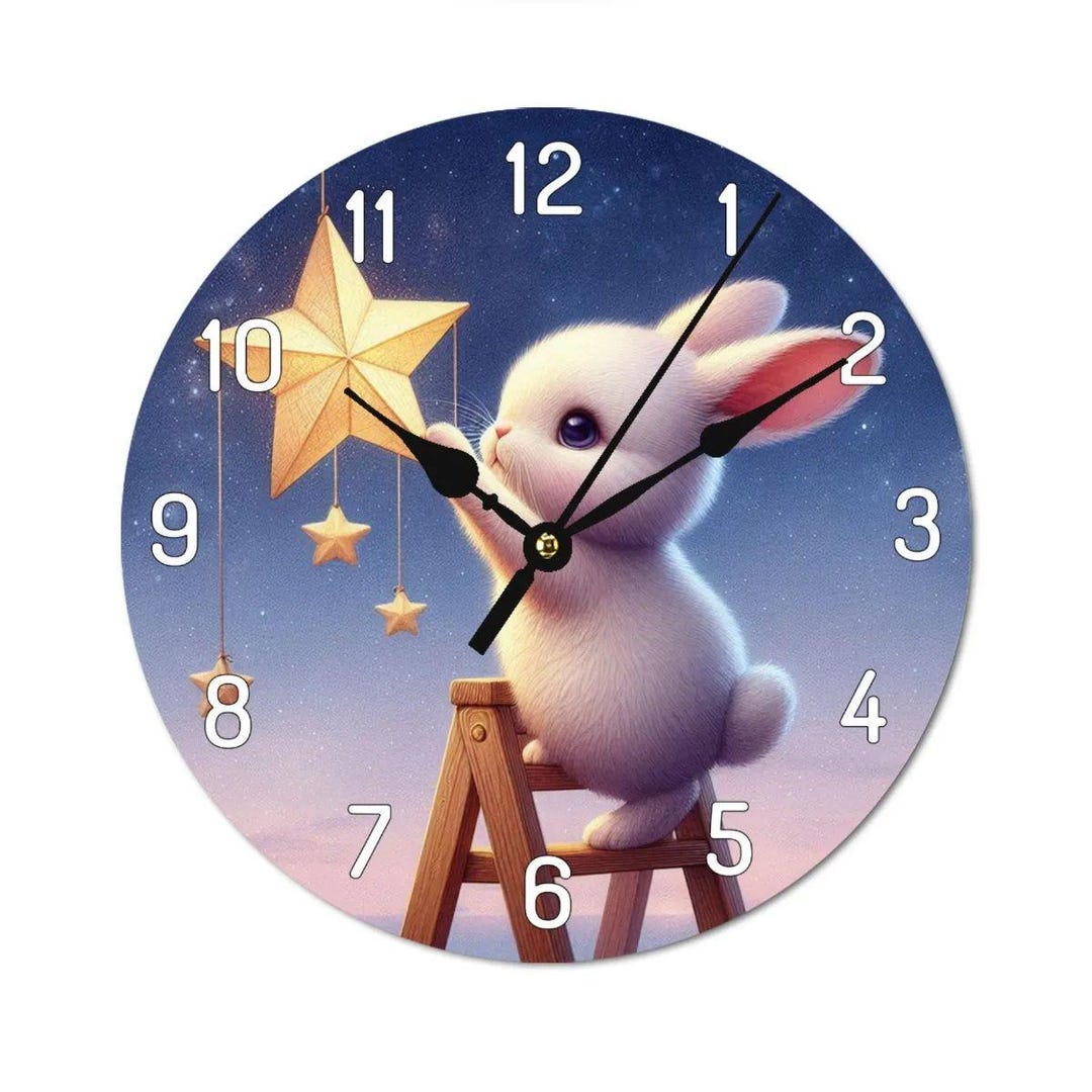 Brave Bunny Hopsi Children's Wooden Clock for Children's Room, Starry ...