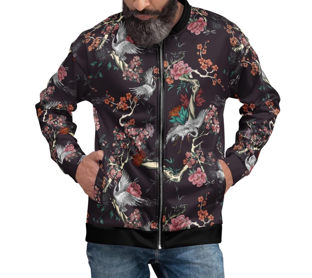 Asian Bomber Jacket With Cranes and Flowers – Unisex Black Transitional ...