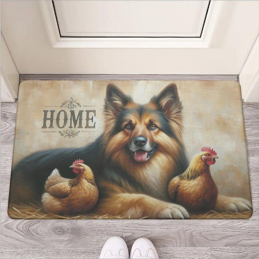 Unusual Front Door Mat With German Shepherd - Chicken Motif - Washable ...