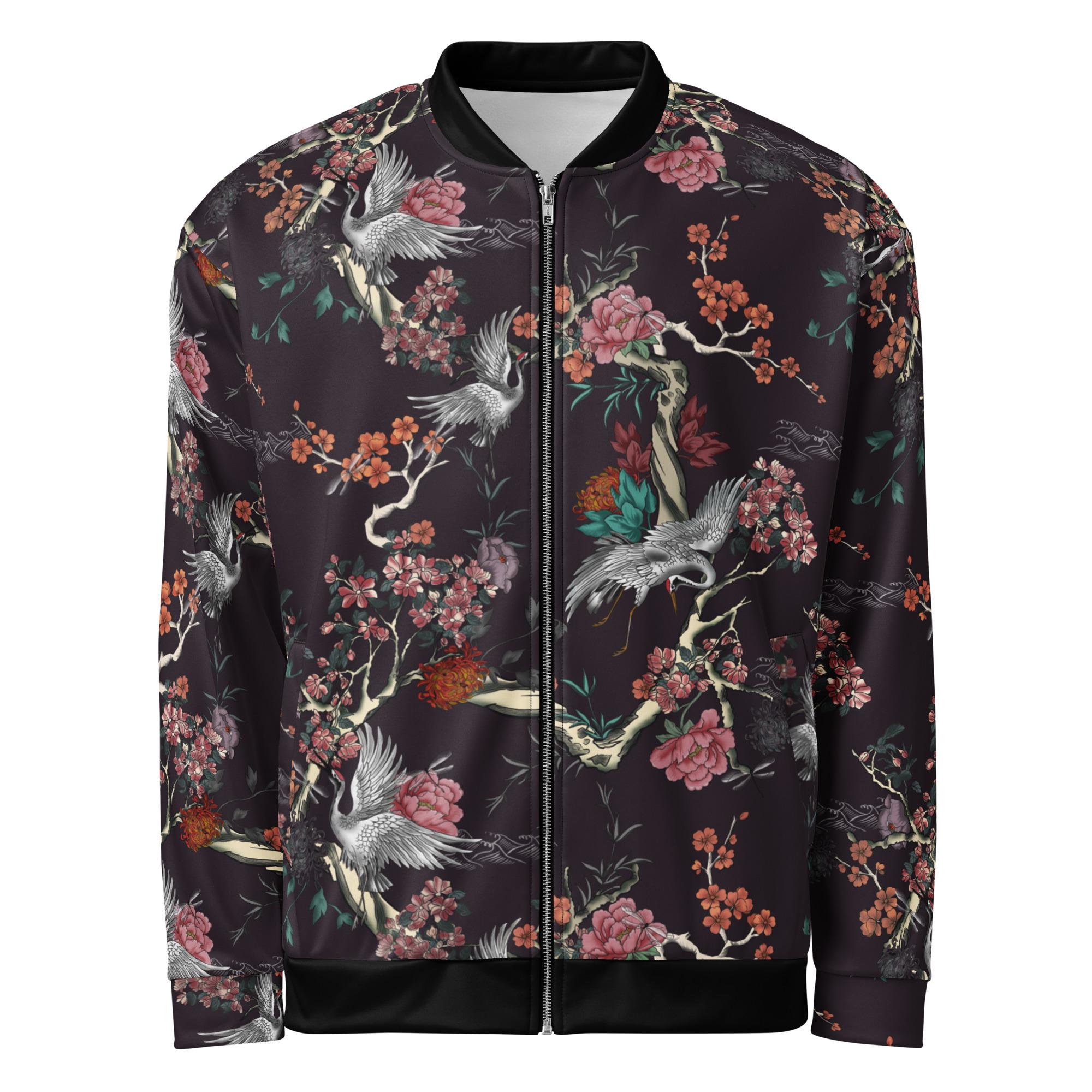 Asian Bomber Jacket With Cranes and Flowers – Unisex Black Transitional ...