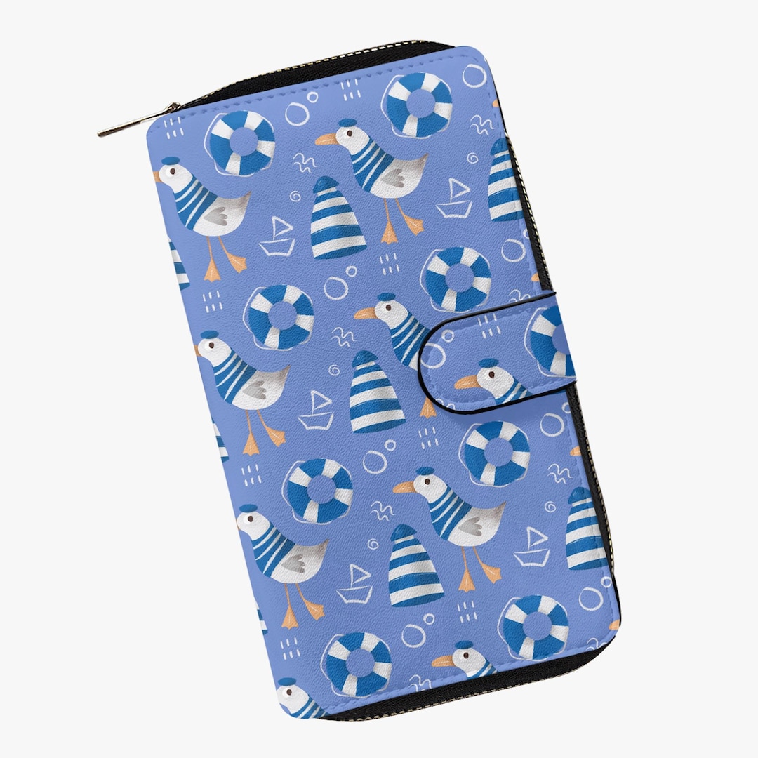 Large Leather Wallet Maritime, Blue Seagulls Purse, Ladies Wallet in ...