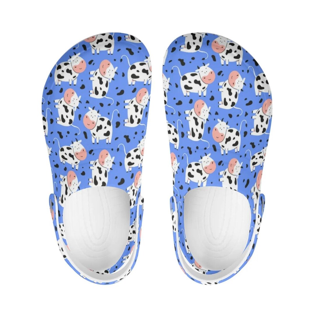 Funny Clogs With Cartoon Cow Pattern Blue Garden Shoes, Mules, Bathing ...
