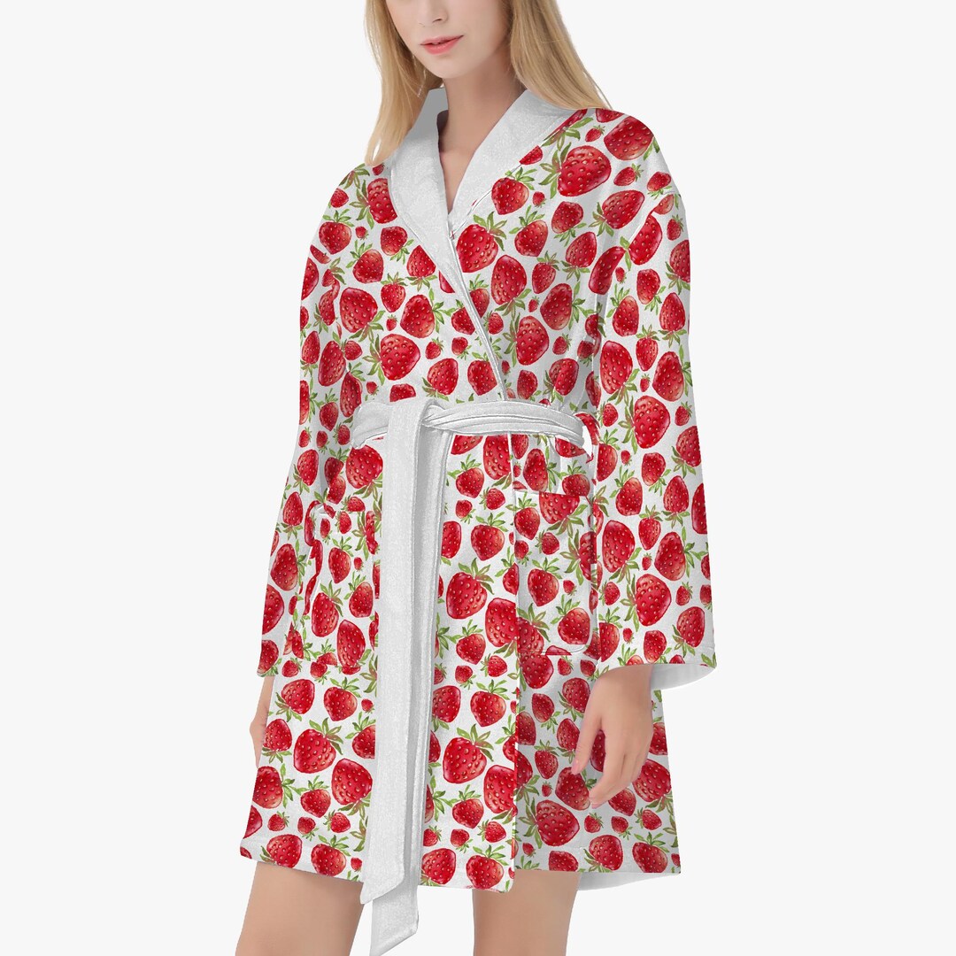 White Strawberry Pattern Women's - Men's Bathrobe, Strawberry Fruit ...