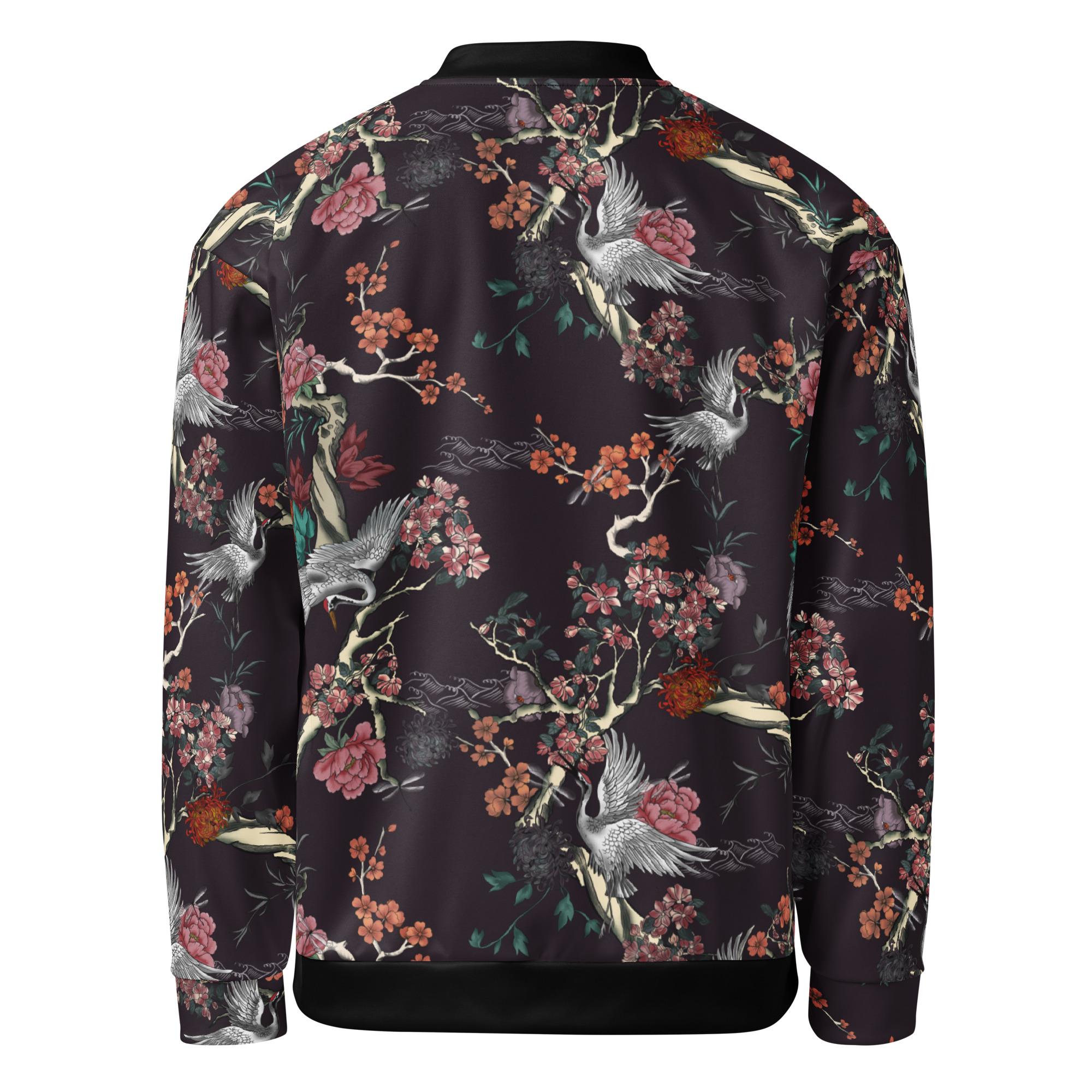 Asian Bomber Jacket With Cranes and Flowers – Unisex Black Transitional ...