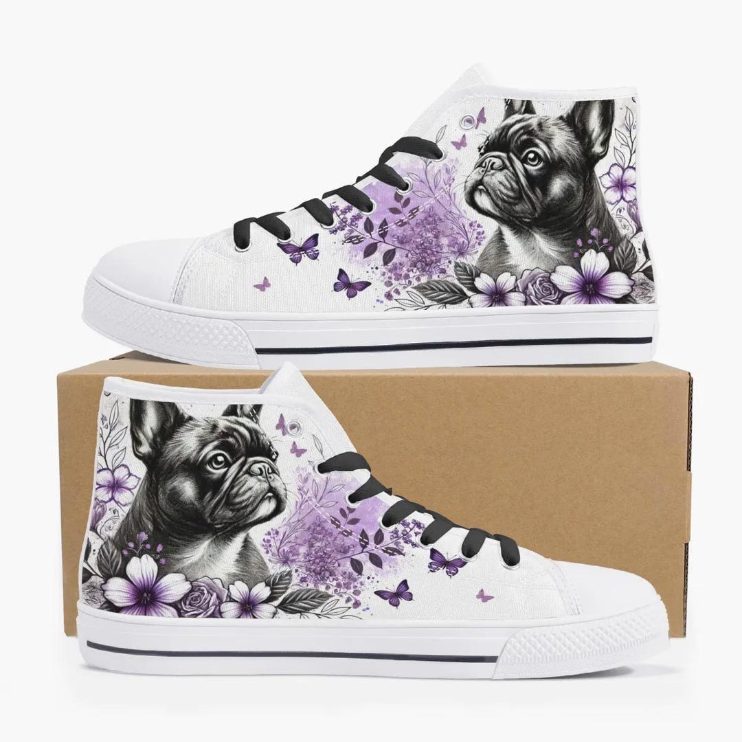 Frenchie Sneakers for Women, Trendy High Top Dog Shoes, French Bulldog ...